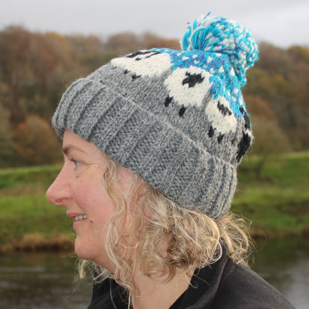 Hand Knitted Flock of Sheep & Sheepdog Wool Bobble Hat – From The Source